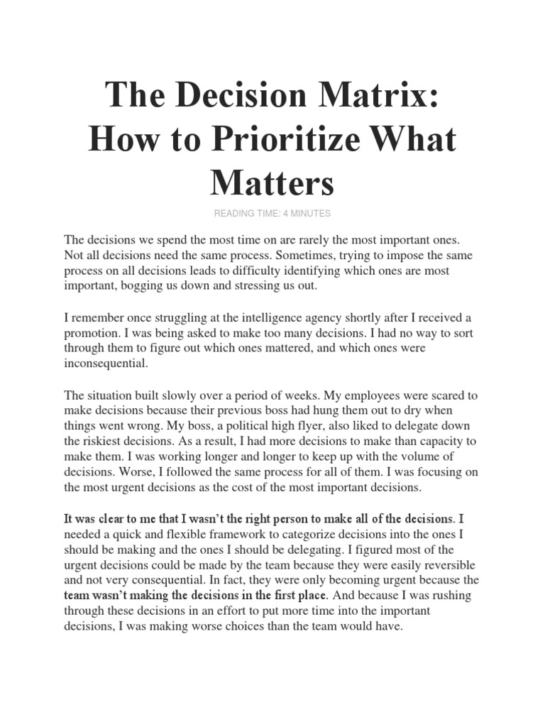 Prioritizing Decisions with the Eisenhower Decision Matrix: A Framework ...
