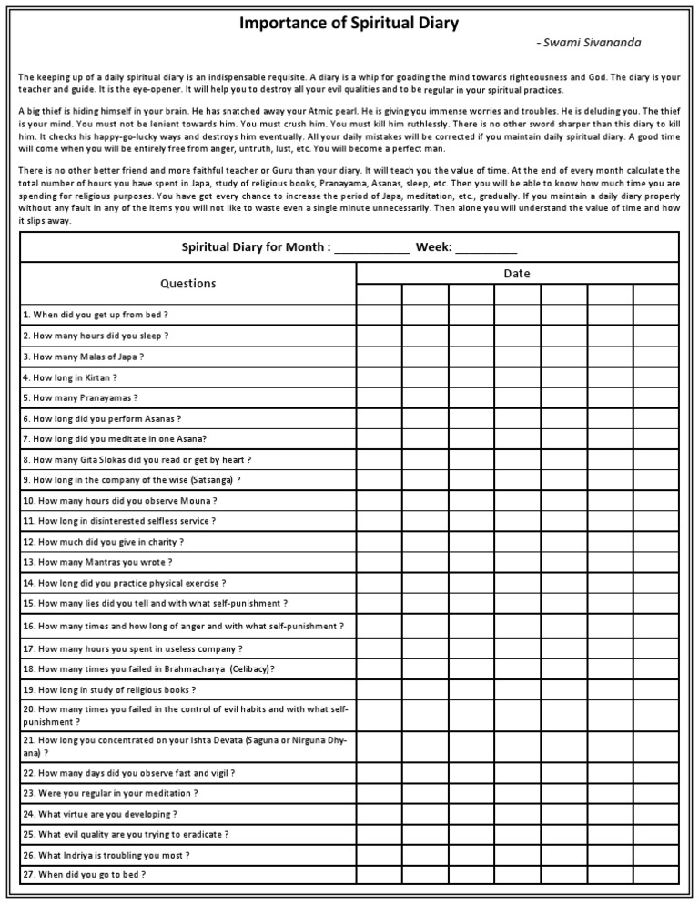 Spiritual Diary Template - Swami Sivananda | PDF | Meditation ...