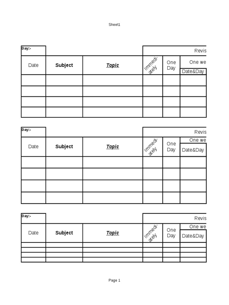 Revision Date One Week Date&Day One Day: Subject | PDF