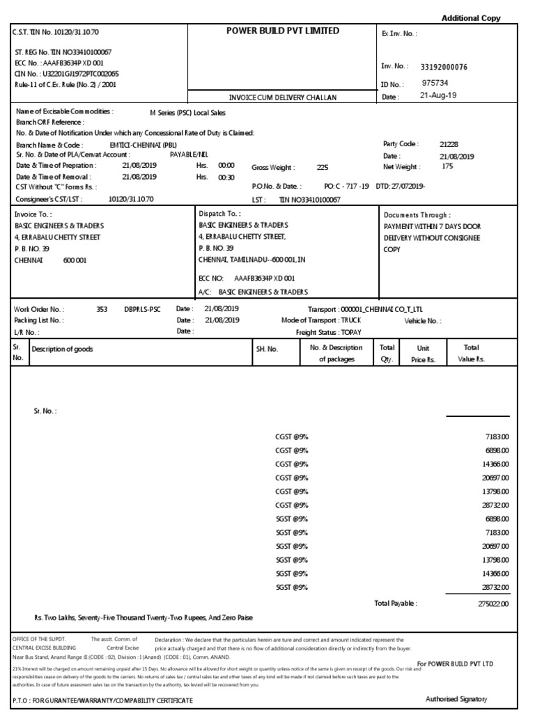 Power Build PVT Limited: Invoice Cum Delivery Challan | PDF | Excise ...