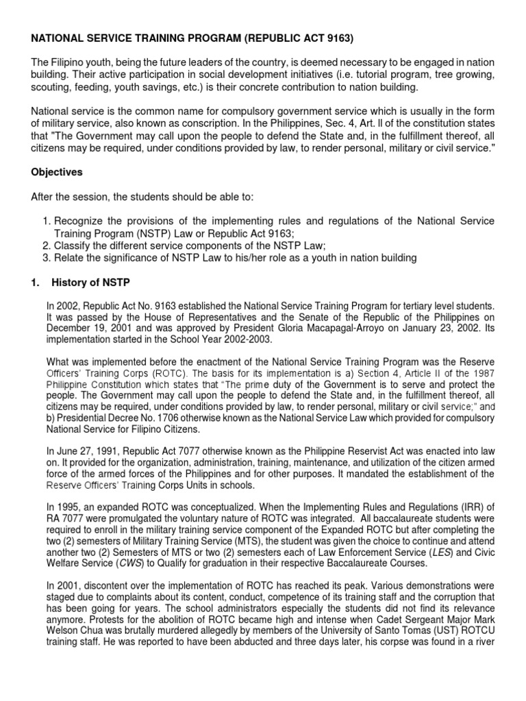 RA 9163 National Service Training Program | PDF | Reserve Officers' Training Corps | Conscription