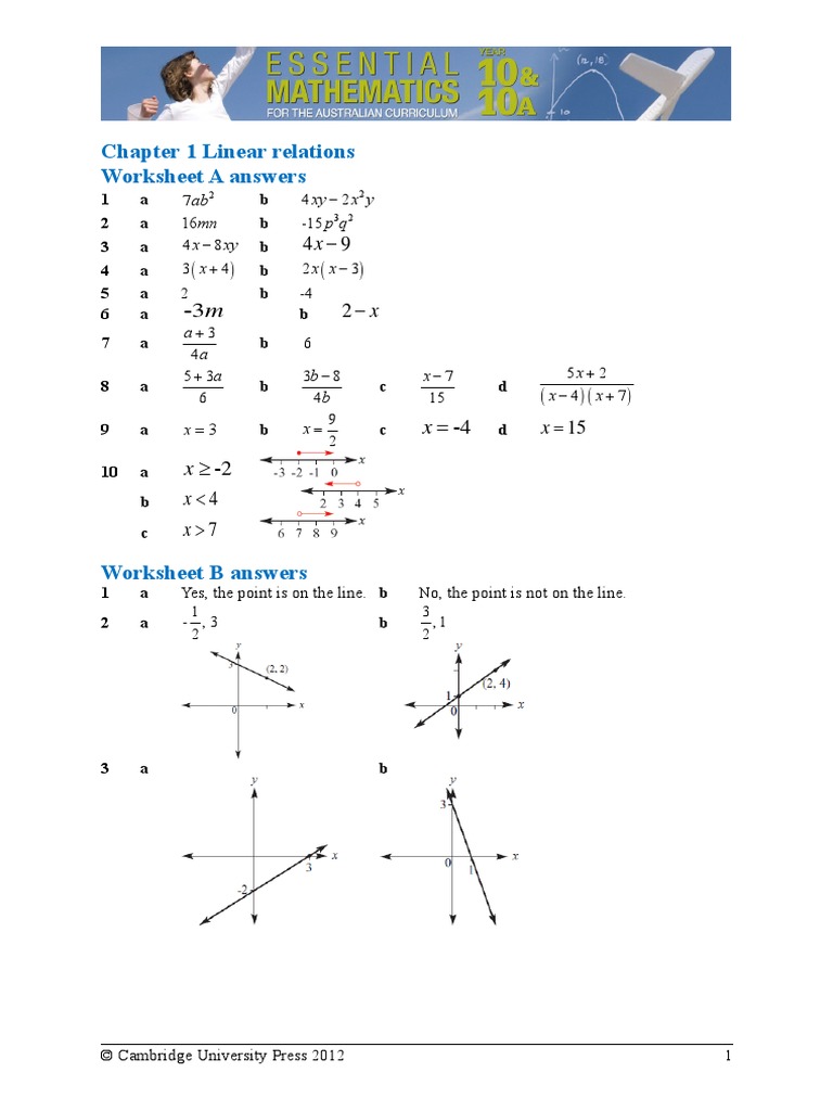 Chapter 1 Linear Relations Worksheet A Answers: Xy Xy | PDF