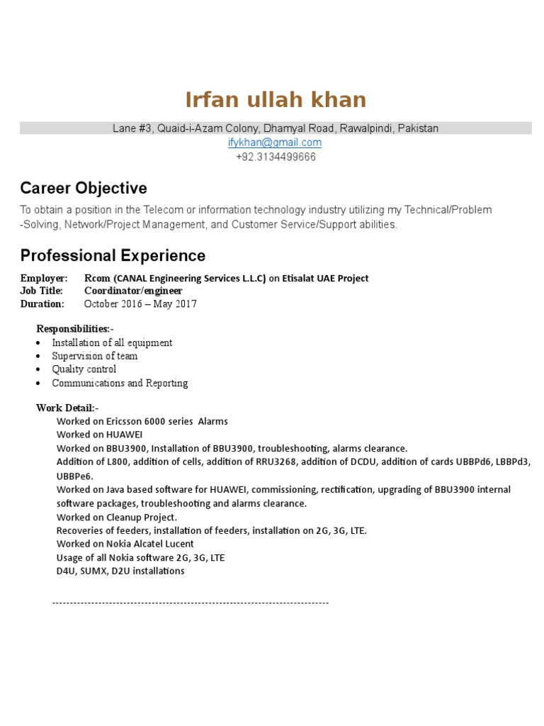 Irfan Ullah Khan: Career Objective | PDF | Digital Subscriber Line | Lte (Telecommunication)