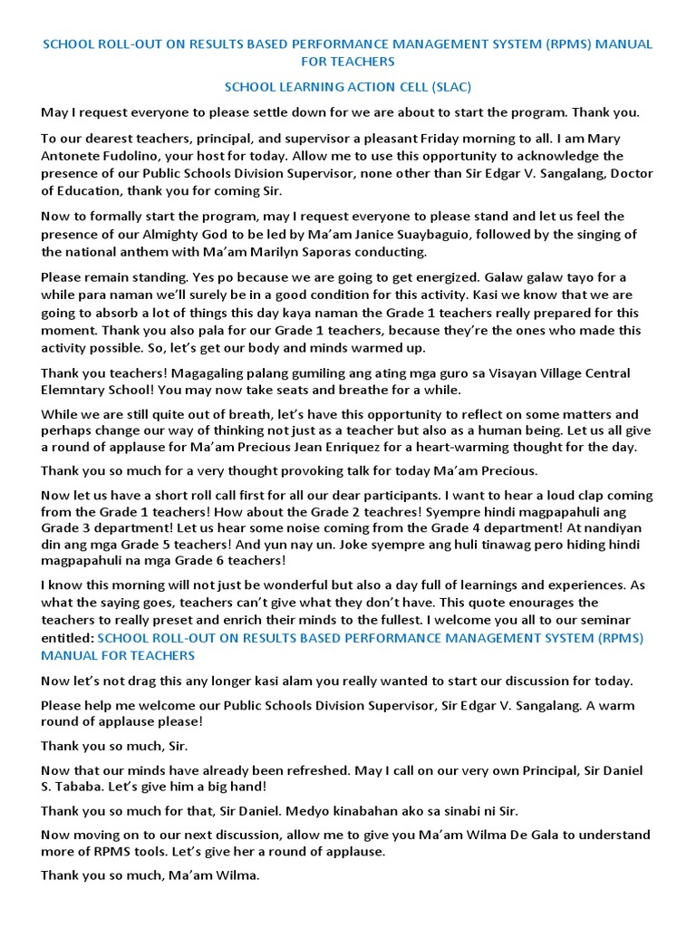 School Roll-Out On Results Based Performance Management System (RPMS) Manual For Teachers School ...