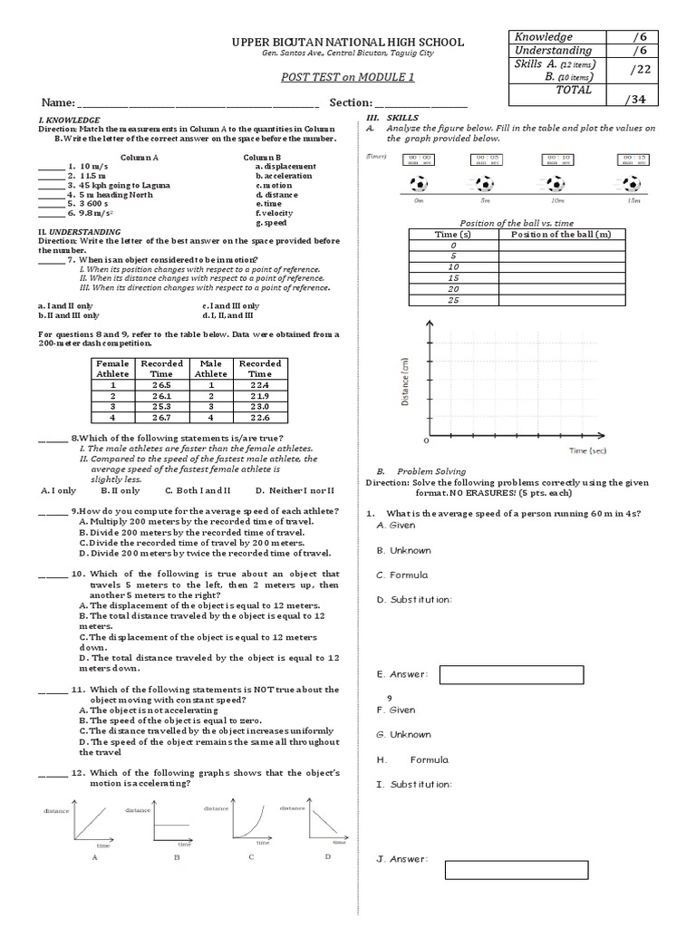 National High School Module 1 Post Test Review | PDF | Speed | Acceleration