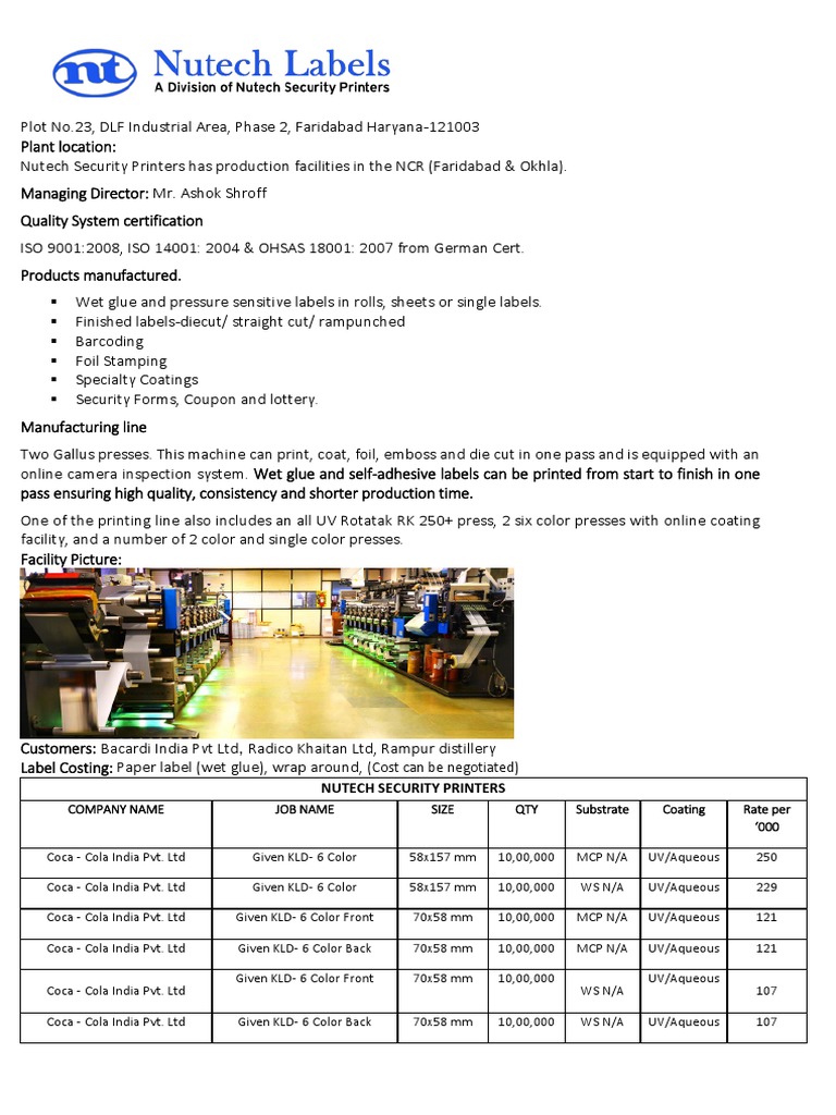 One Pager - Nutech Labels - One Pager | PDF