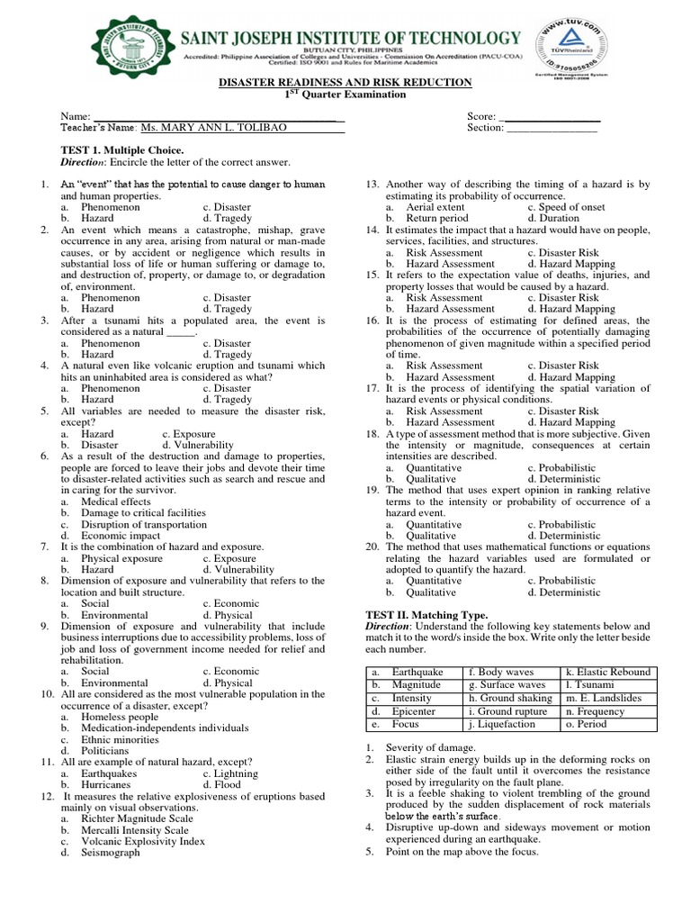 Disaster Readiness and Risk Reduction 1st Quarter Exam | PDF | Hazards ...