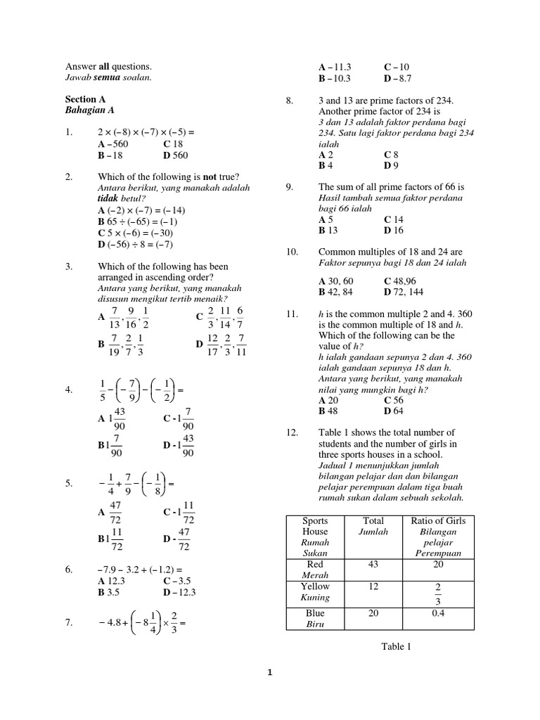 Mid Year Exam Form 1 Mathematics | PDF