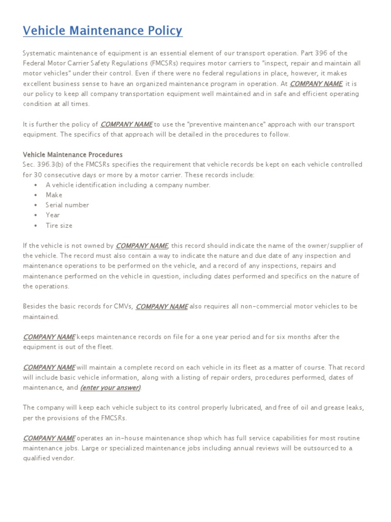 Vehicle Maintenance Policy | PDF | Transport | Business