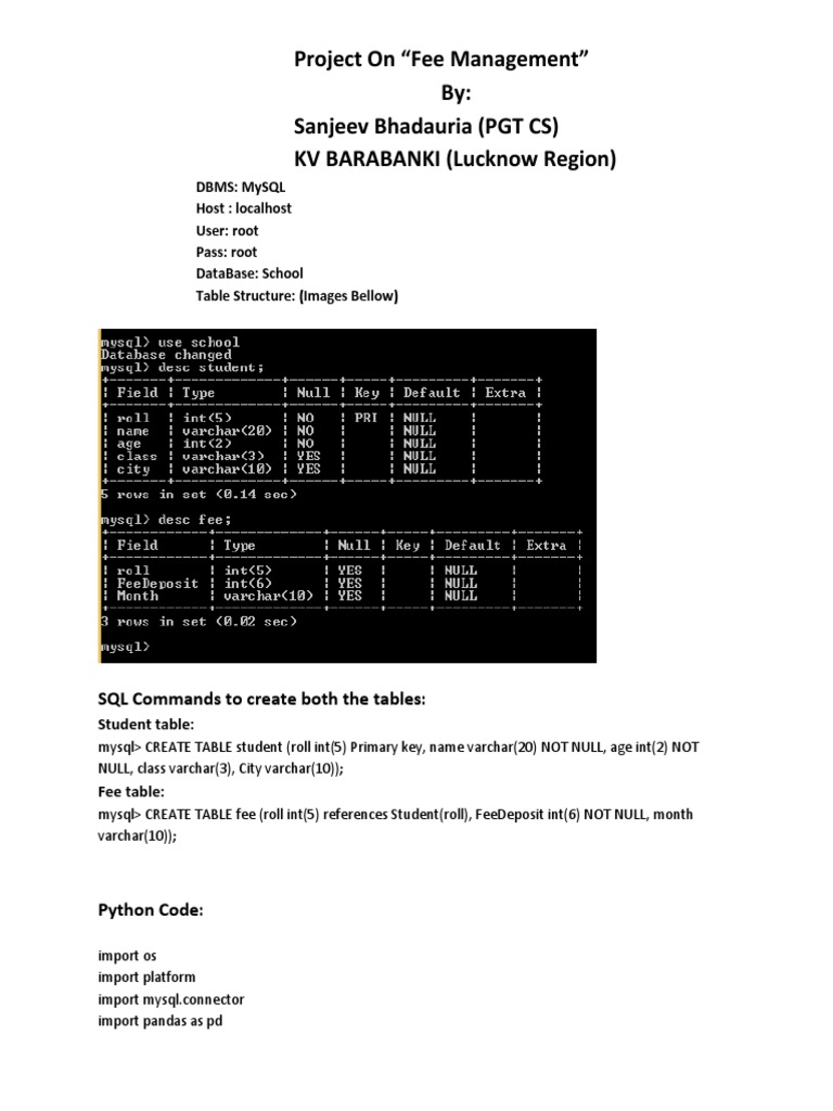 Project On "Fee Management" By: Sanjeev Bhadauria (PGT CS) KV BARABANKI (Lucknow Region) | PDF ...