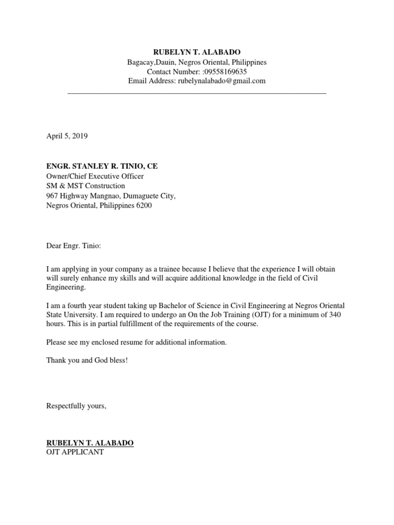 Application Letter For Ojt | PDF | Engineering | Academia
