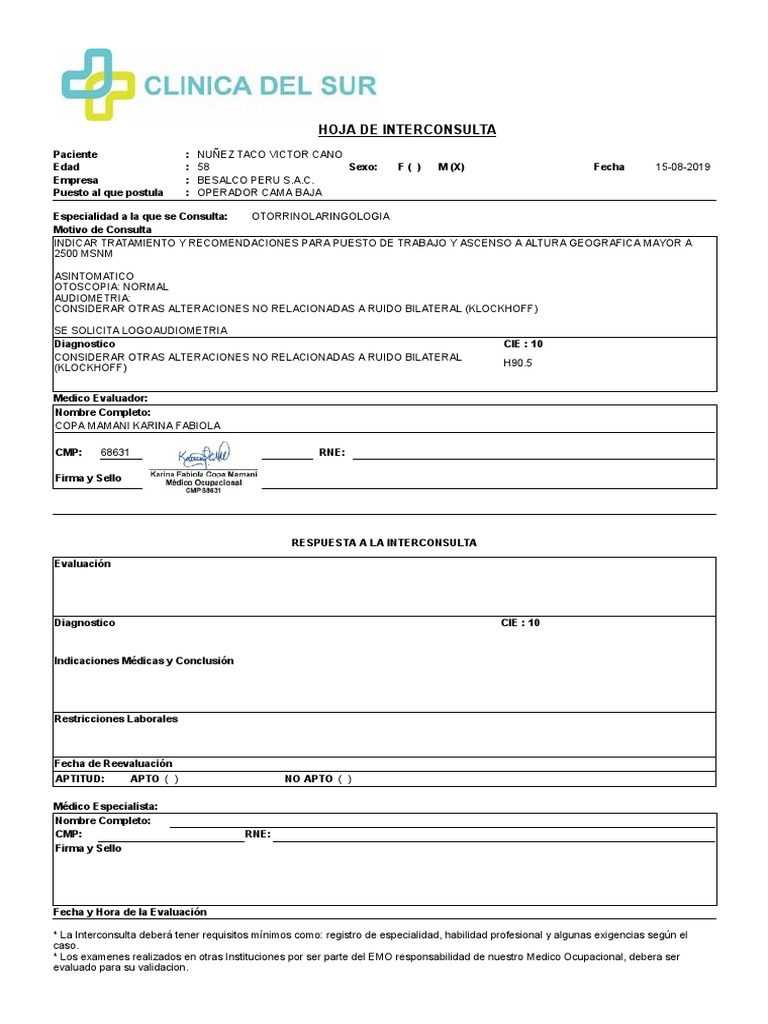 Hoja de Interconsulta | Descargar gratis PDF | Medicina | Especialidades Medicas