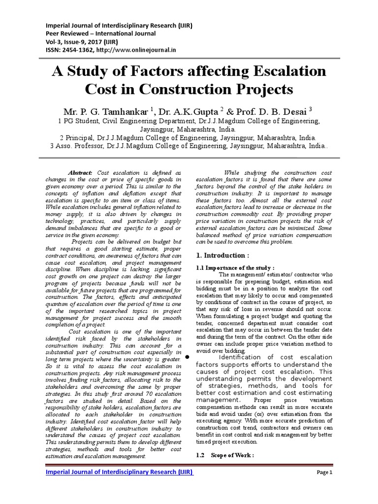 A Study of Factors Affecting Escalation Cost in Construction Projects ...