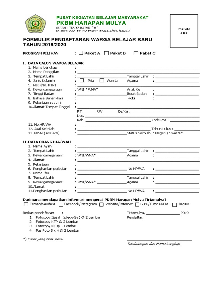 Form Pendaftaran PKBM | PDF