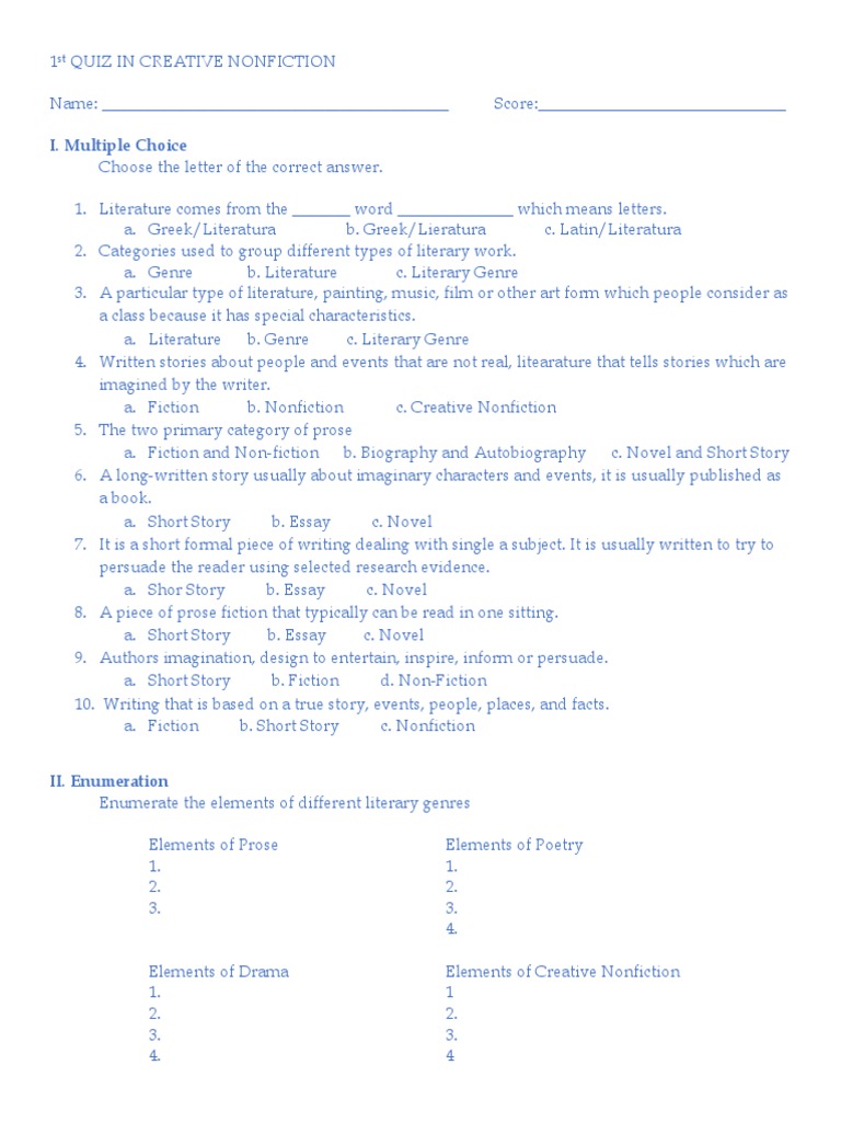 1st Quiz in Creative Nonfiction | PDF | Creative Nonfiction | Non Fiction