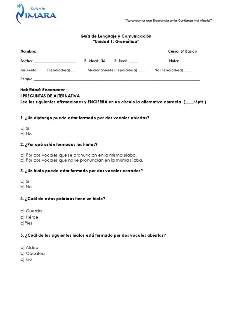Prueba Gramática 6° | PDF | Vocal | Lingüística