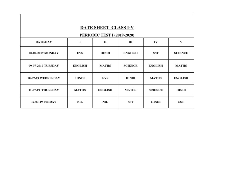 Date-Sheet Class I-V | PDF