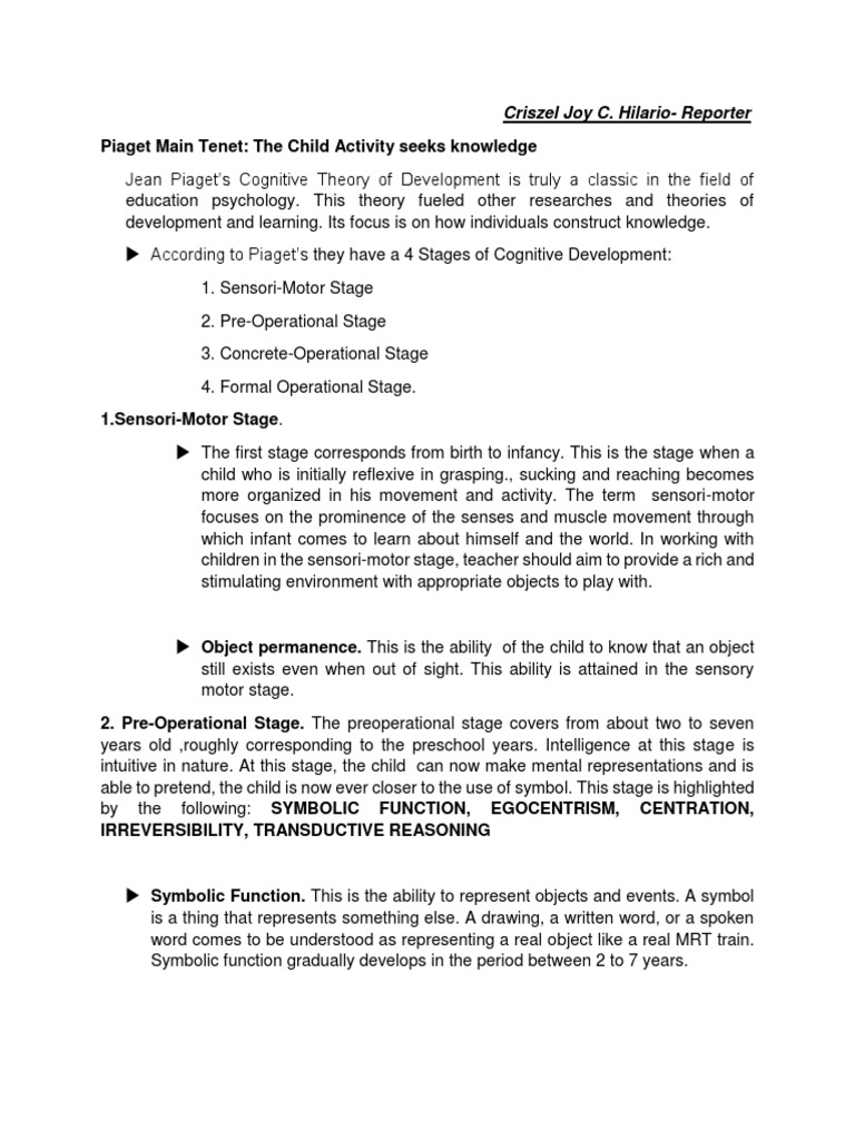 Piaget's Stages Of Cognitive Development Worksheet: Chapter, 58% OFF