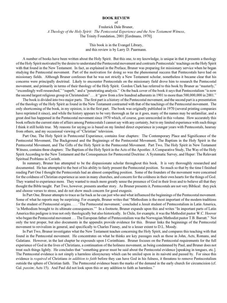 Bruner's Theology of the Holy Spirit | PDF | Pentecostalism | New Testament