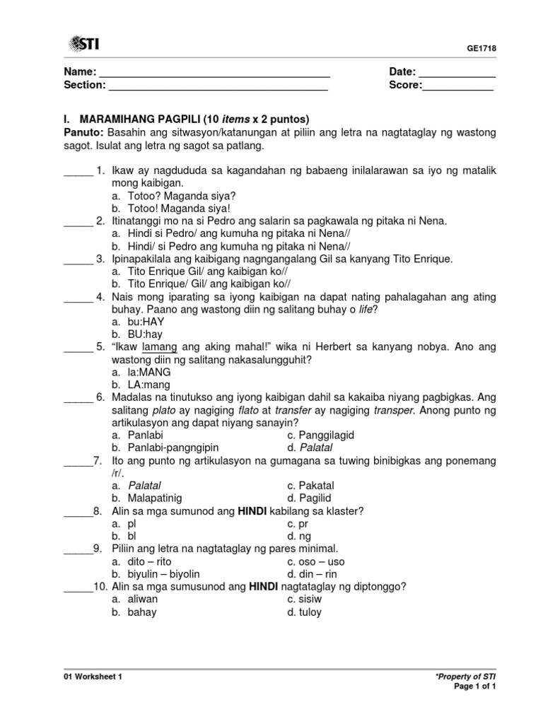 01 Worksheet 1 | PDF