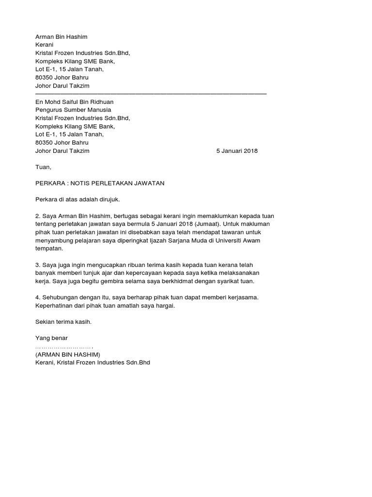 Contoh Surat Berhenti Kerja Kilang Dengan Notis 24 Jam 1 | PDF