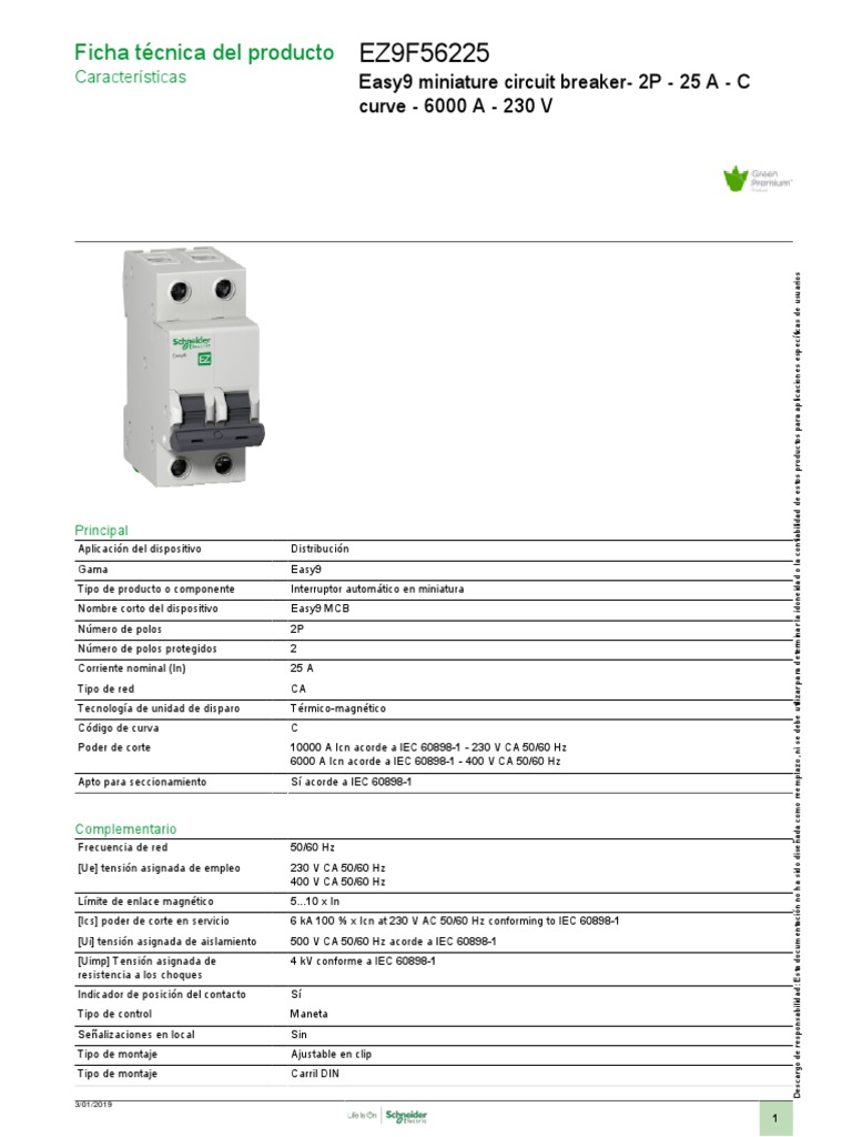 SCHNEIDER ELECTRIC Interruptor Termomagnético EZ9F56225 Data Sheet ...