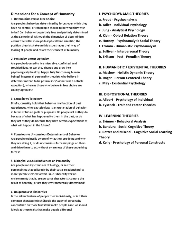 Dimensions For A Concept of Humanity I. Psychodynamic Theories ...