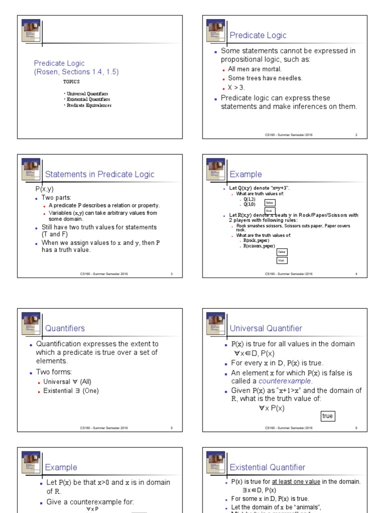 Predicate Logic (Rosen, Sections 1.4, 1.5) | PDF | Metalogic | Mathematical Logic