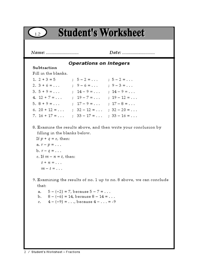 Name: Date: Operations On Integers: Subtraction | PDF | Mathematical Concepts | Teaching Mathematics