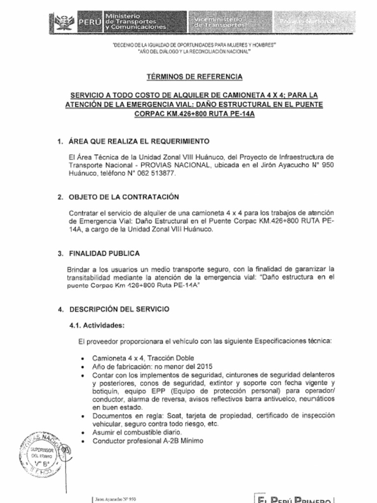 TDR Servicio Alquiler de Camioneta PDF | PDF TDR Servicio Alquiler de Camioneta PDF | PDF