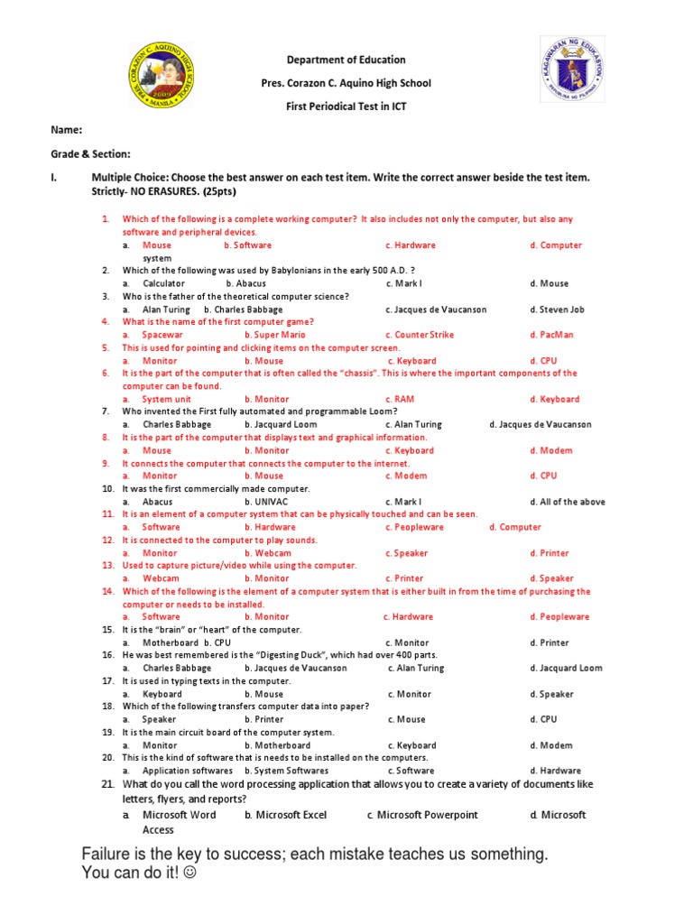 Tle - Grade 7 Exam | PDF | Microsoft Word | Computer Hardware
