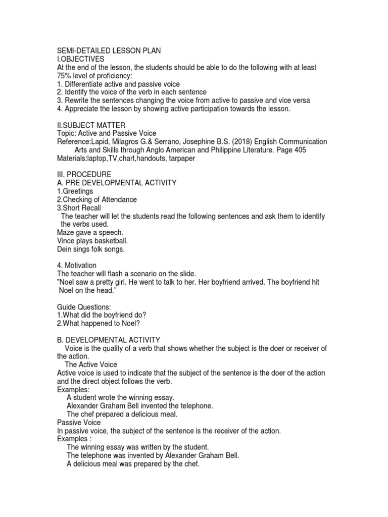 Active Passive Voice Lesson Plan | PDF | Verb | Linguistics