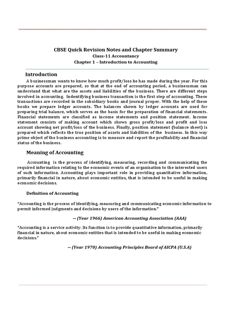 CBSE Quick Revision Notes and Chapter Summary: Class-11 Accountancy ...