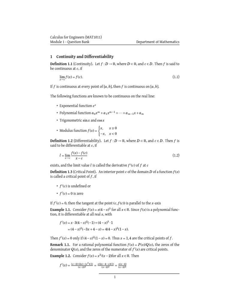1 Continuity and Differentiability: Definition 1.1 | PDF | Maxima And Minima | Monotonic Function