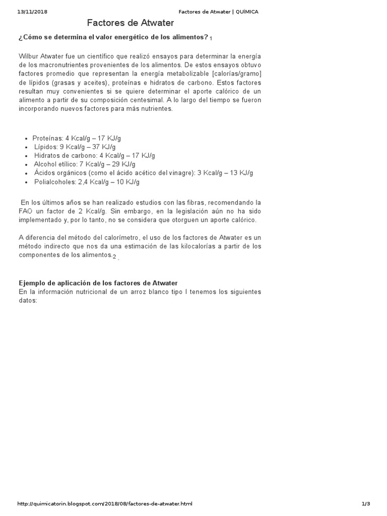 Factores de Atwater - QUÍMICA | PDF | Caloría | Nutrientes