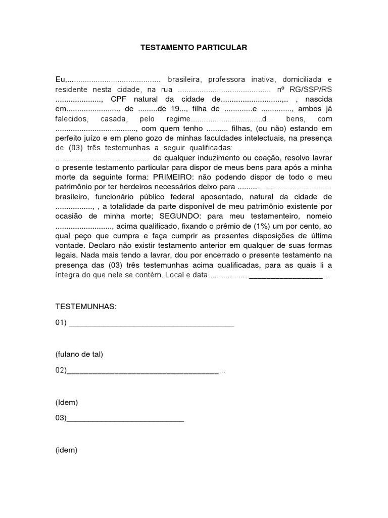 Modelo Testamento Particular | PDF | Testamento