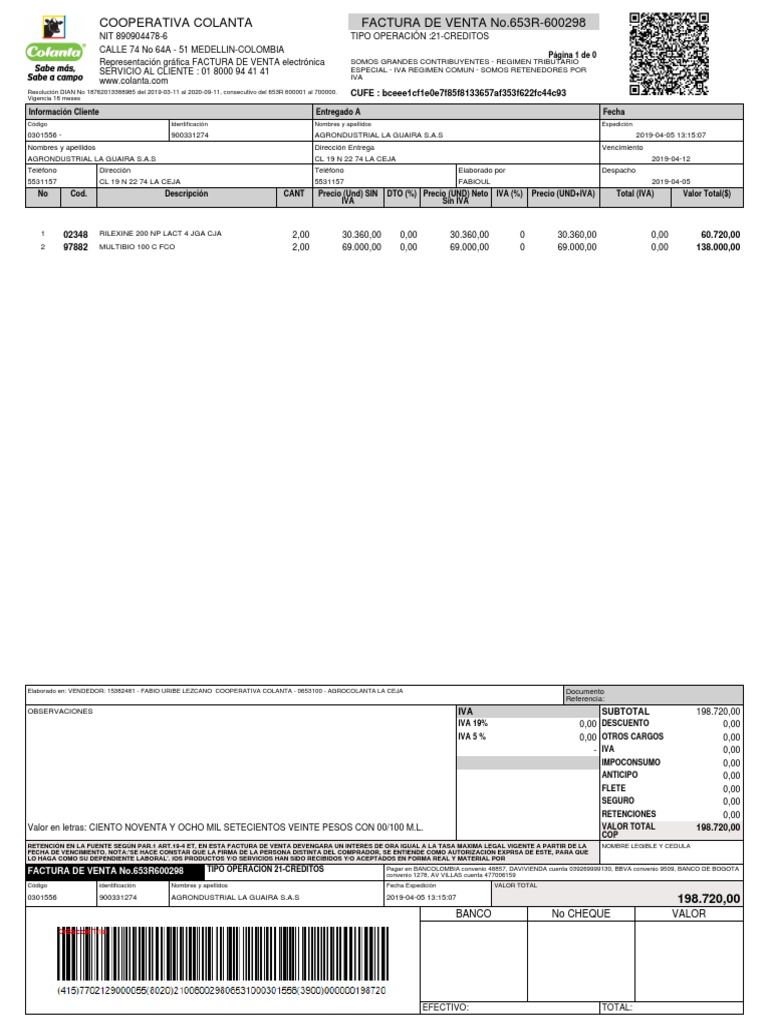 Facturas Colanta Abril | PDF | Factura | Bancos