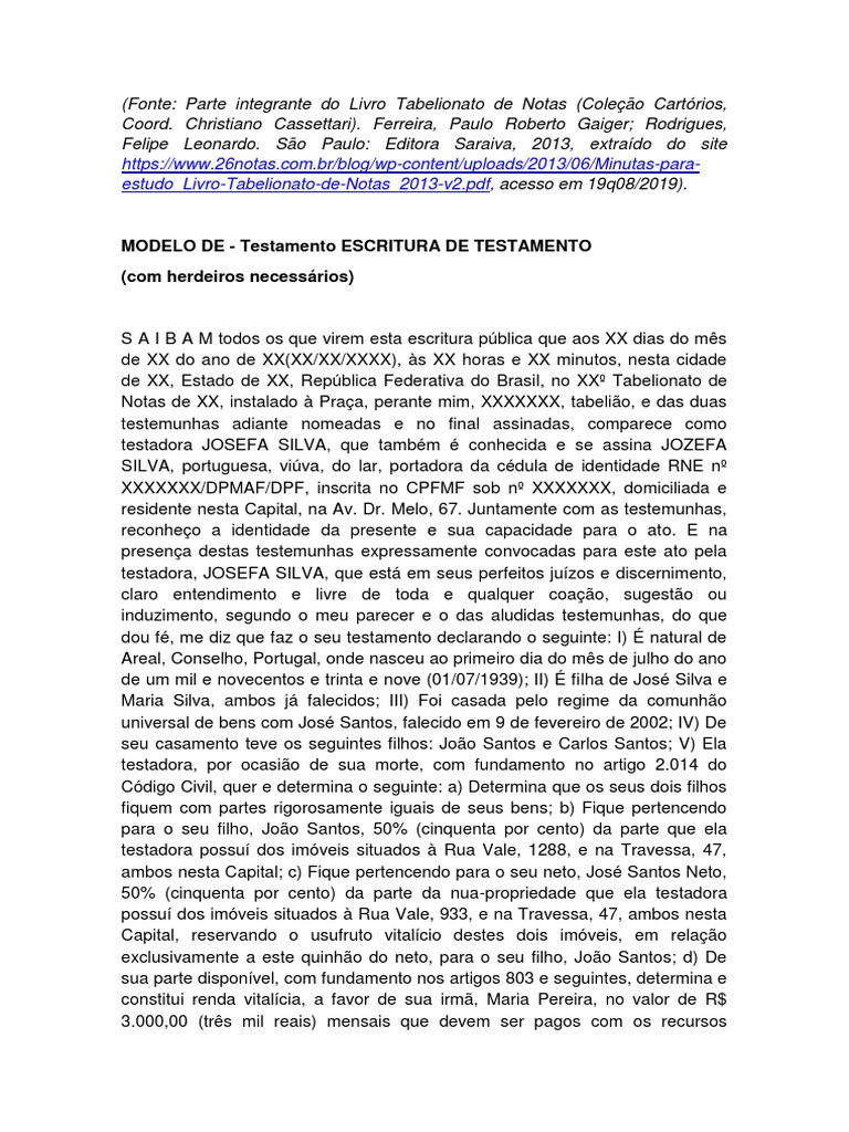 Modelo de testamento com herdeiros necessários | PDF | Testamento ...