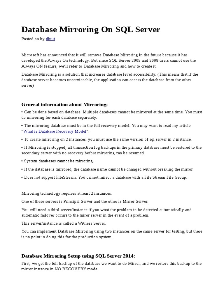 Database Mirroring On SQL Server - Odt | Download Free PDF | Microsoft ...