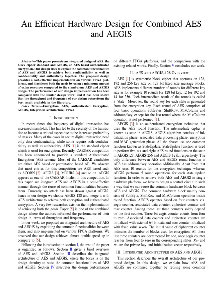 An Efficient Hardware Design For Combined AES and AEGIS | Download Free PDF | Cryptography | Key ...