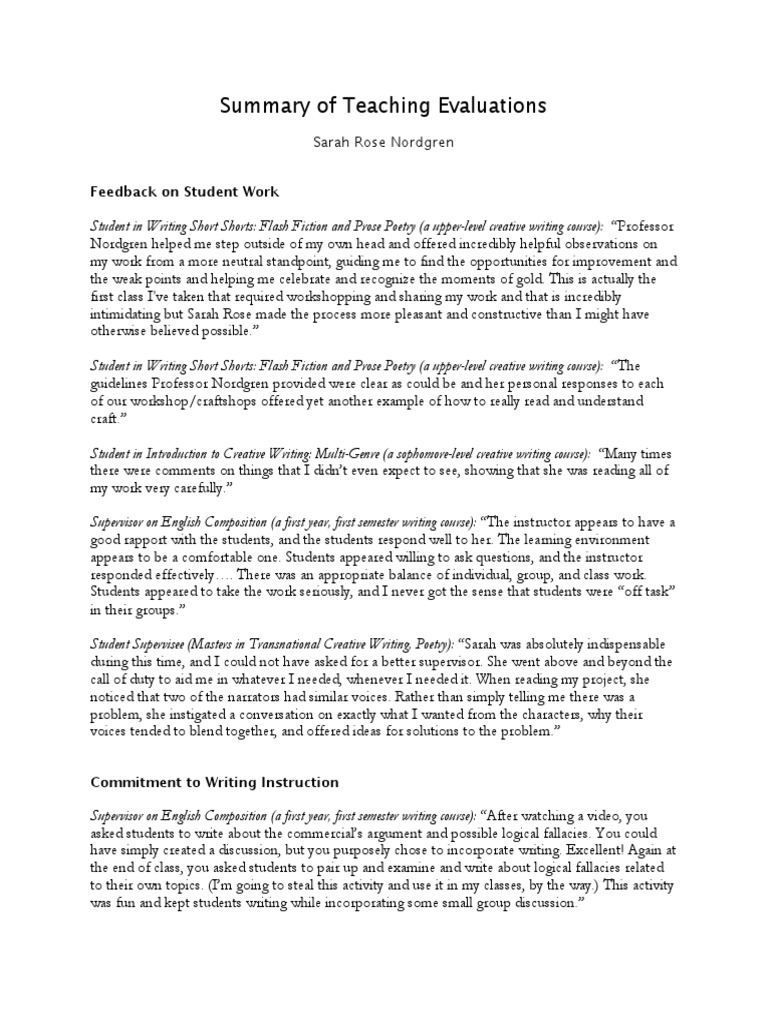 Summary of Teaching Evaluations: Feedback On Student Work | PDF ...