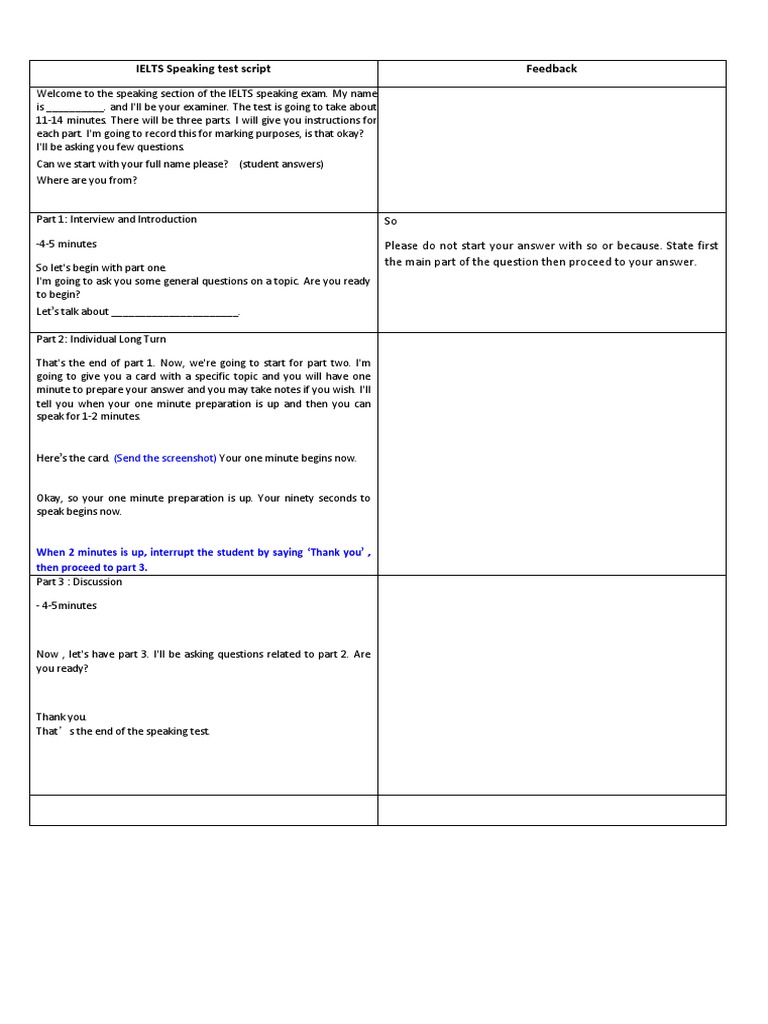 IELTS Speaking Test Examiner Script | PDF | International English ...