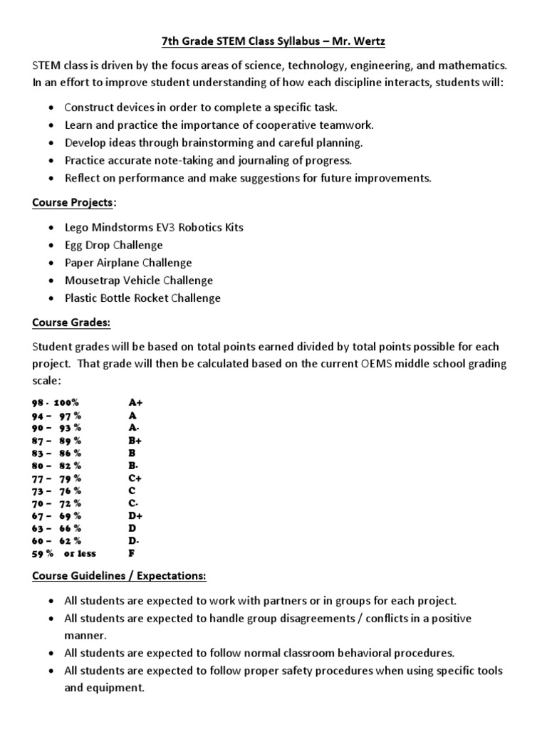 7th Grade Stem Class Syllabus | PDF