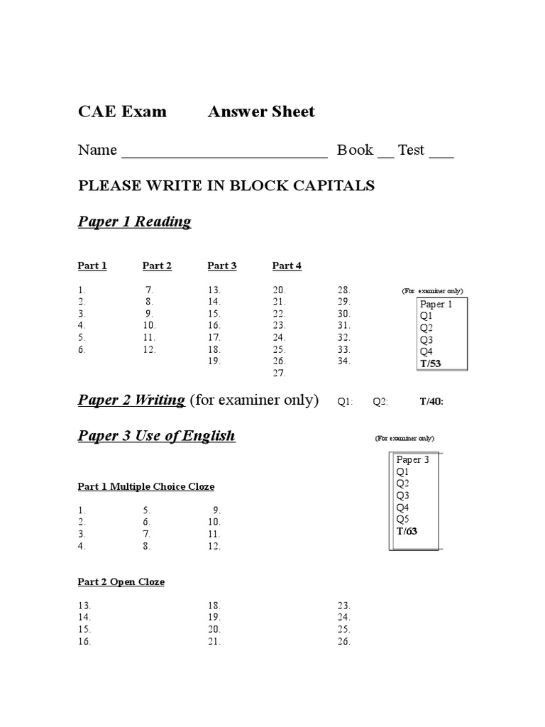 CAE Exam Answer Sheet: A Comprehensive Template for Recording Responses ...