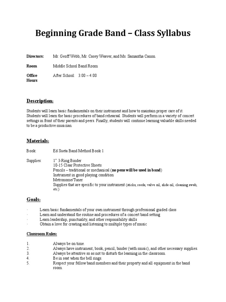 Beginning Grade Band - Class Syllabus: Description | PDF | Classroom ...