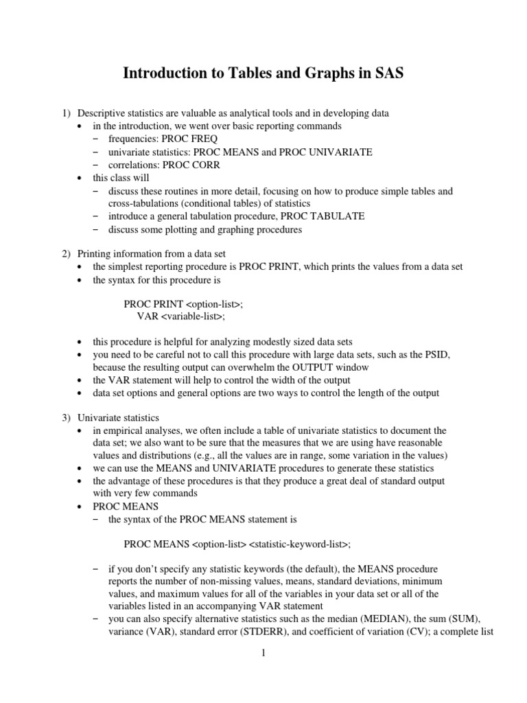 Introduction To Tables and Graphs in SAS | PDF | Student's T Test ...