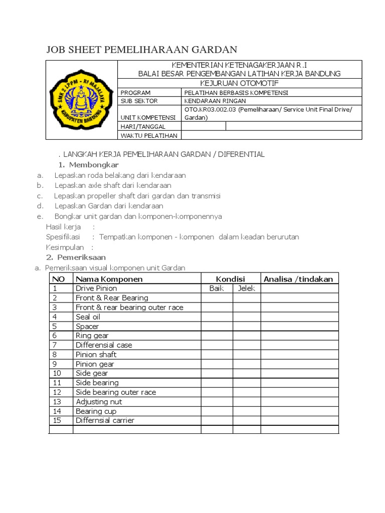 Job Sheet Pemeliharaan Gardan | PDF