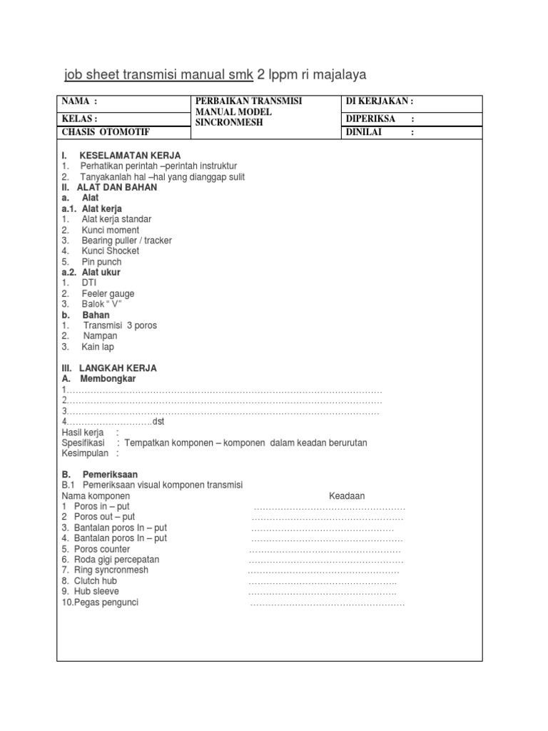 Job Sheet Transmisi Manual SMK 2 LPPM Ri Majalaya | PDF