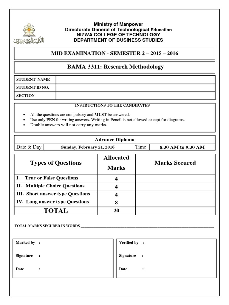 Model Mid Exam - Research Methodology | PDF | Test (Assessment ...