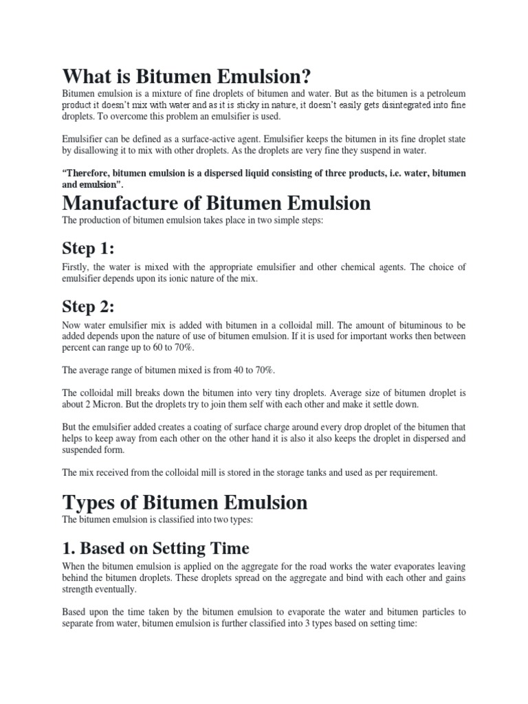 What Is Bitumen Emulsion?: Step 1 | PDF | Asphalt | Emulsion